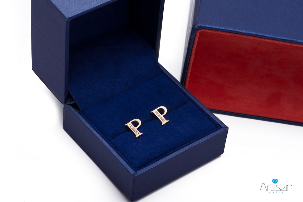 Letter P Initial CZ Stud Earrings in 14k Yellow Gold | Everyday Jewelry