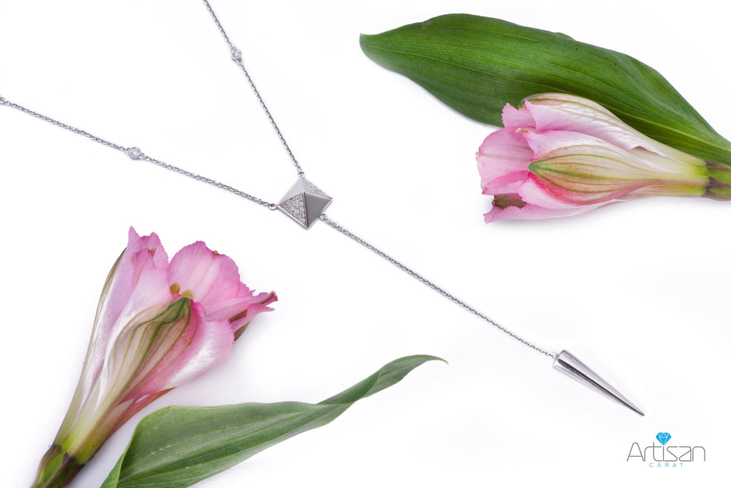 Hanging Pyramid and Spear Diamond Pendant with Necklace in 18k White ...